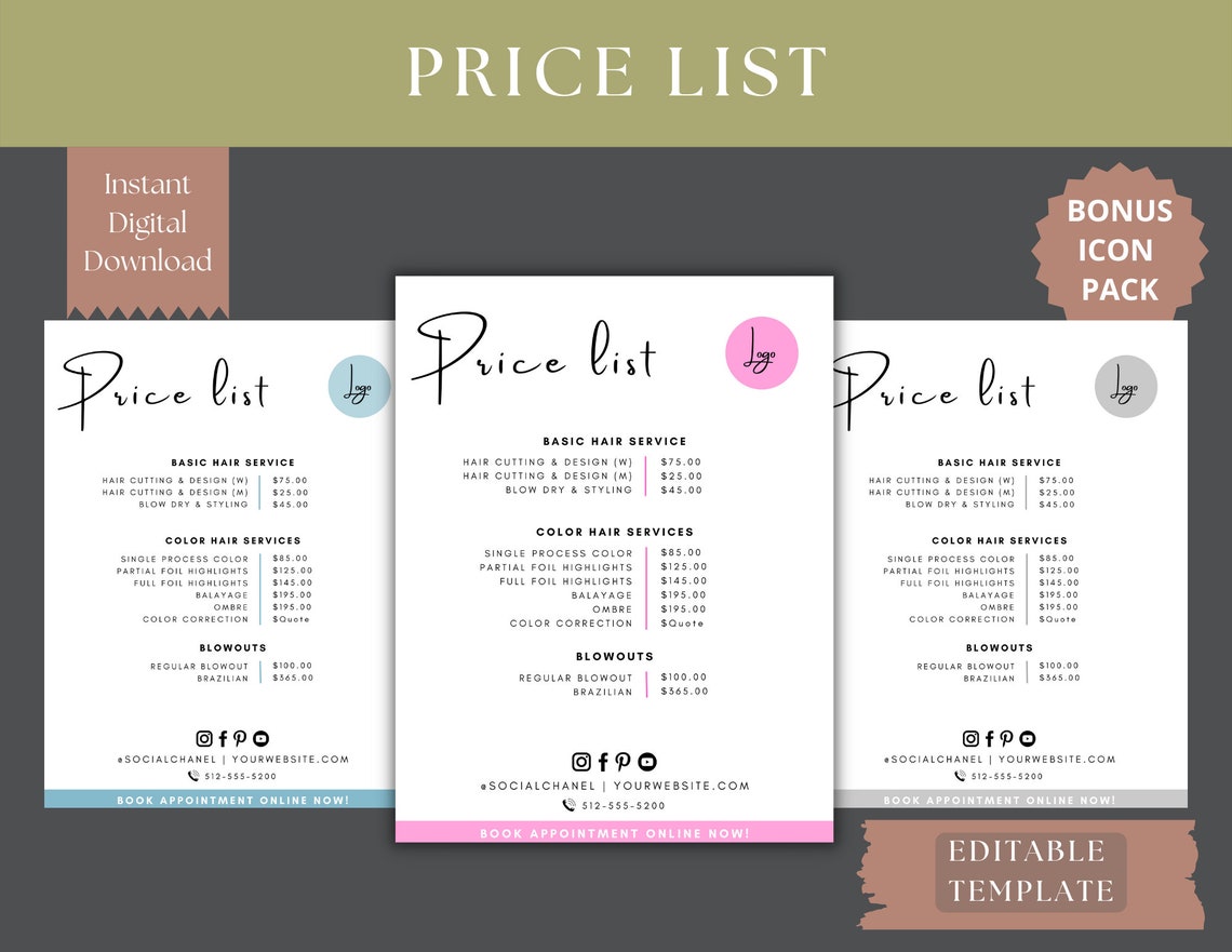 EDITABLE Price List Template Printable Business Price List - Etsy