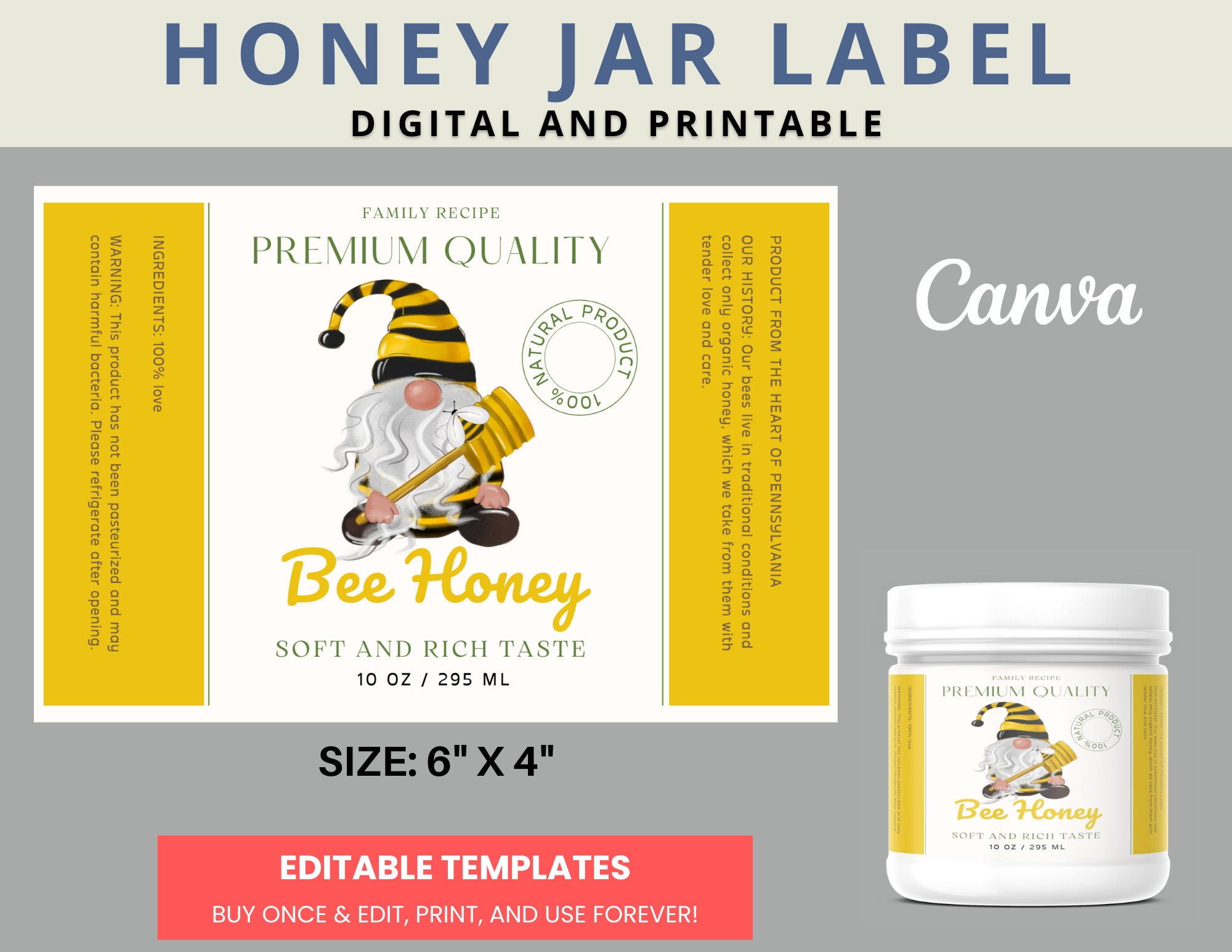 Honey Jar Label Template Product Labels for Organic Honey - Etsy Australia