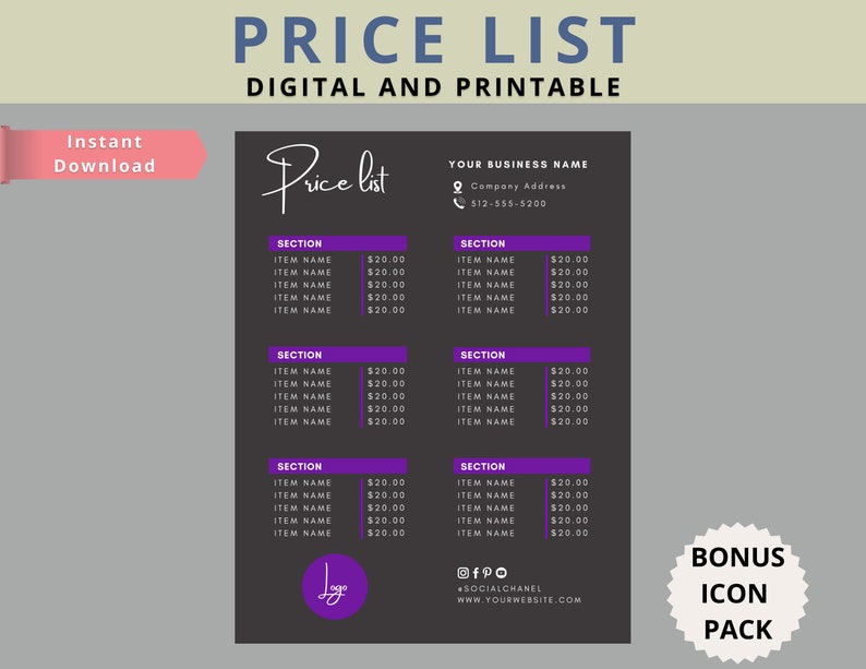 EDITABLE Price List Template | Printable Business Price List | Generic ...