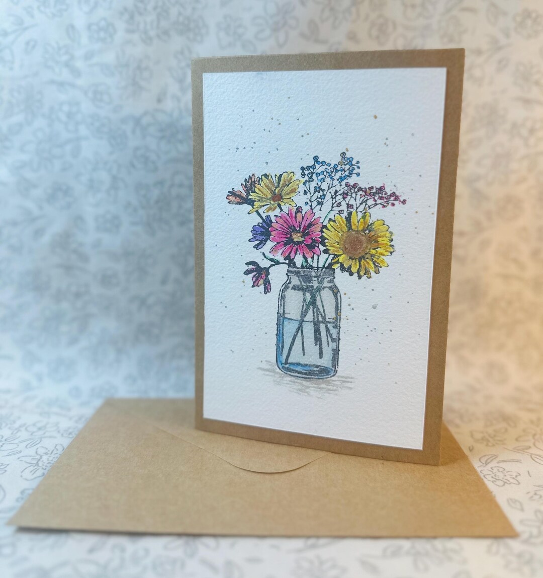 Hand-painted, Floral Watercolor Greeting Card With Shimmering Flowers ...
