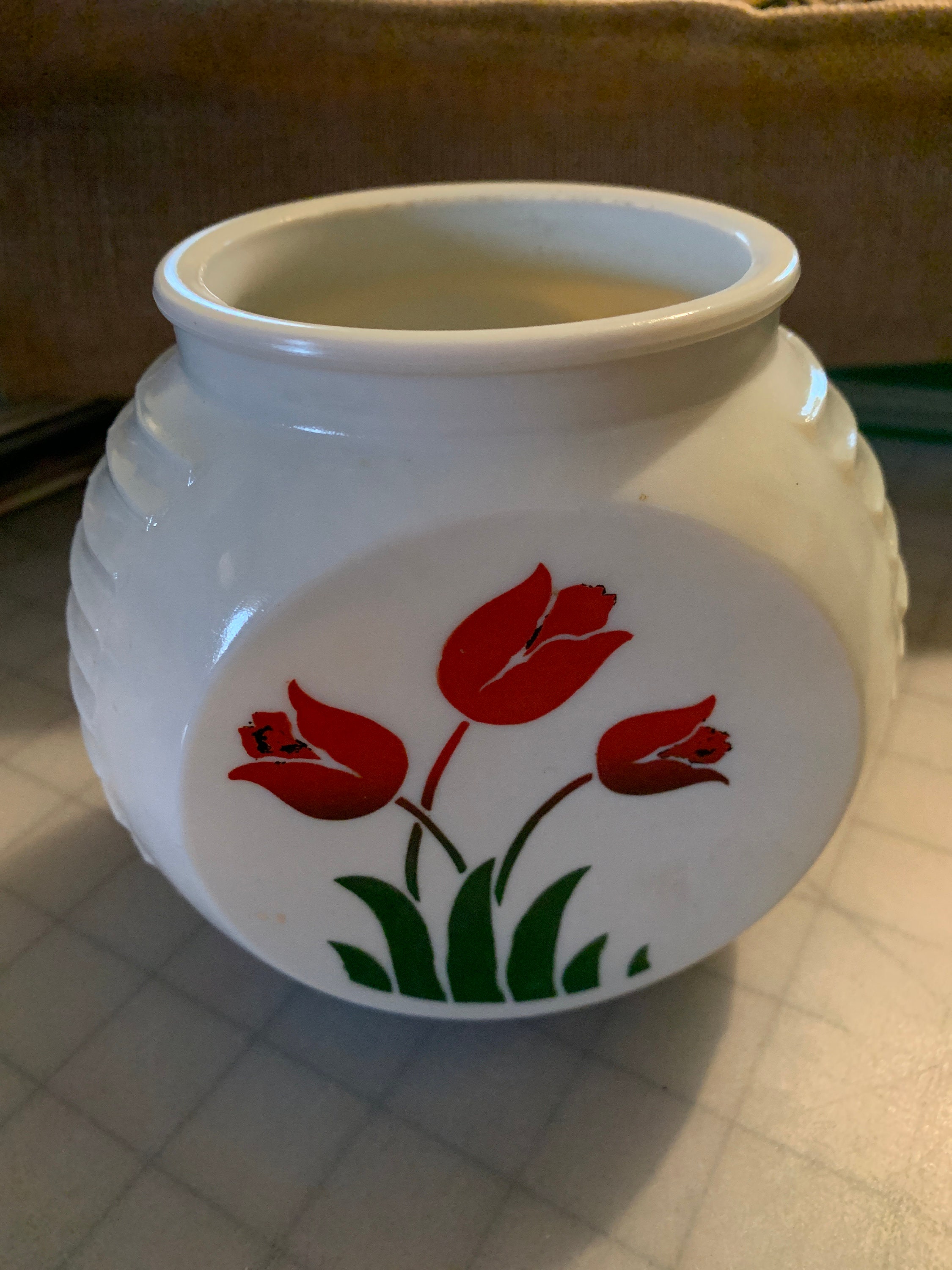 Vintage Milk Glass Grease Jar White Canister With Red Tulips - Etsy