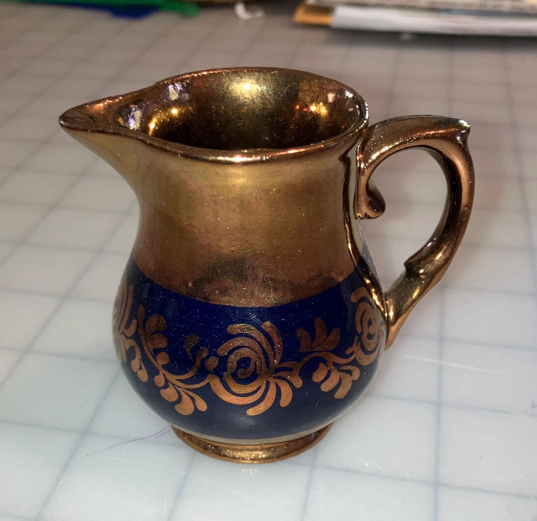 Small Copper Lusterware Pitcher With Cobalt Blue Band With Gold Painted ...