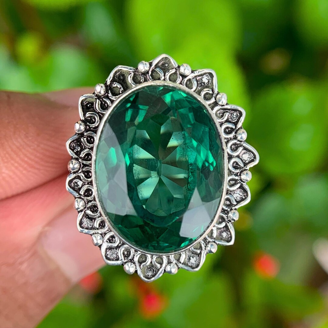 Synthetic Apatite Statement Ring in German Silver – Oval Green Gemstone ...