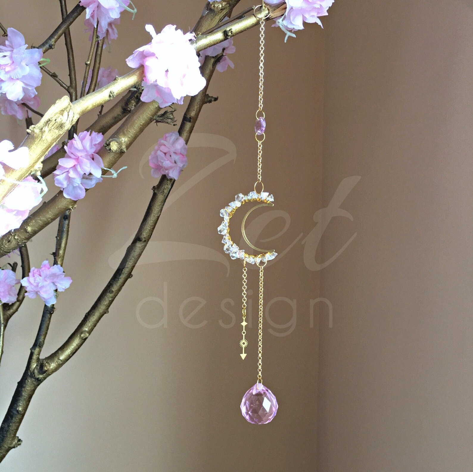 Beaded Moon Pink Sun Catcher Moon Sun Catcher Beaded Crystal Rainbow ...