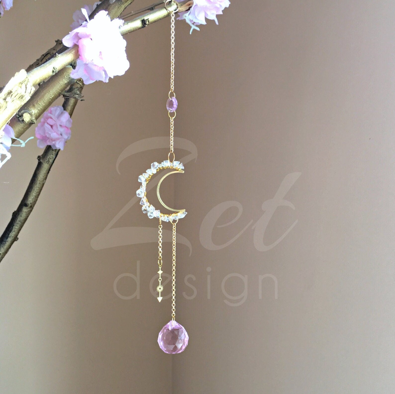 Beaded Moon Pink Sun Catcher Moon Sun Catcher Beaded Crystal Rainbow ...
