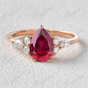 Pear Shape Ruby Engagement Ring Unique Lab Ruby Ring Cluster - Etsy
