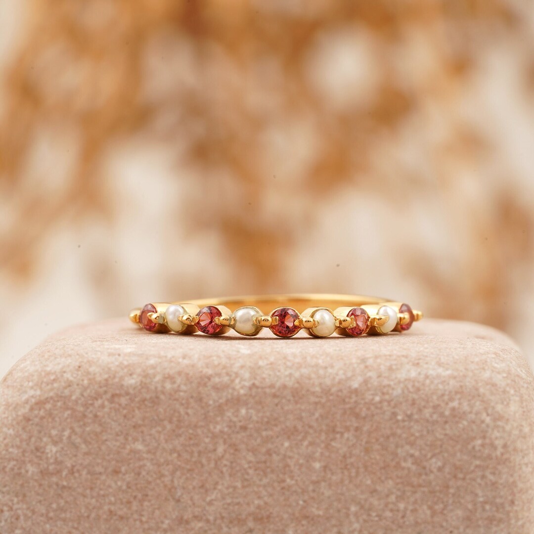 Pearl Garnet Wedding Band, Women Rose Gold Red Garnet Pearl Band Akoya ...
