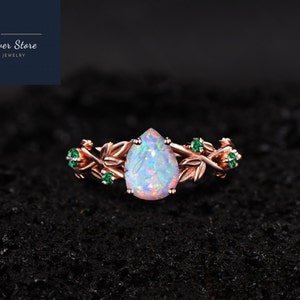 Nature Inspired White Opal Engagement Ring Set, Pear Shaped Unique Branch Leaf Solitaire Ring ...