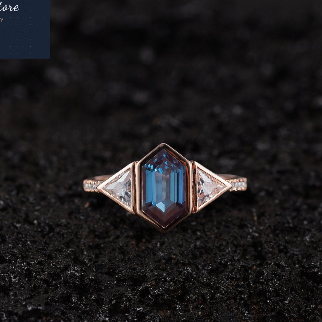 Vintage Hexagon Alexandrite Engagement Ring, Sterling Silver Ring, Trilliant Diamond Ring, June ...