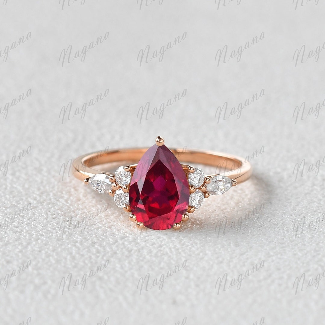 Pear Shape Ruby Engagement Ring, Unique Lab Ruby Ring, Cluster Wedding ...