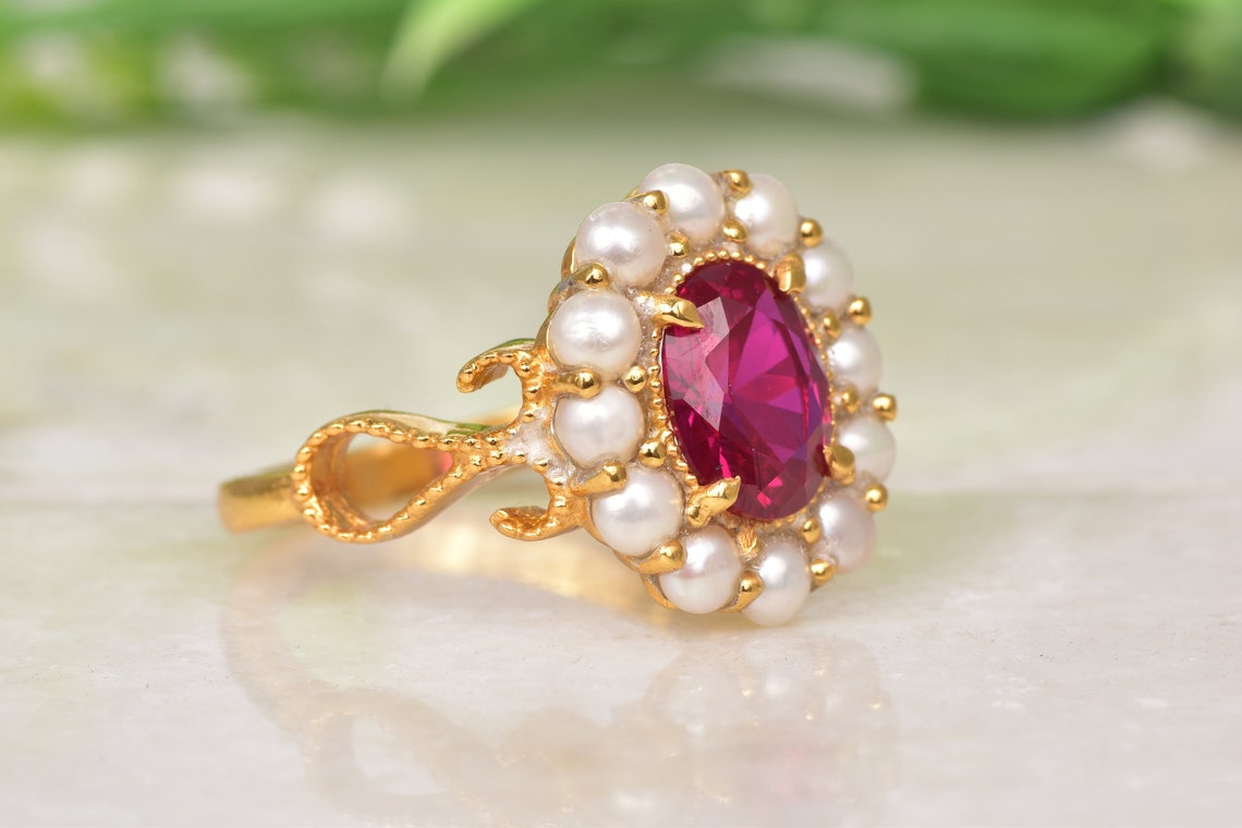 Vintage Ruby and Pearl Engagement Ring Oval Ruby Ring - Etsy