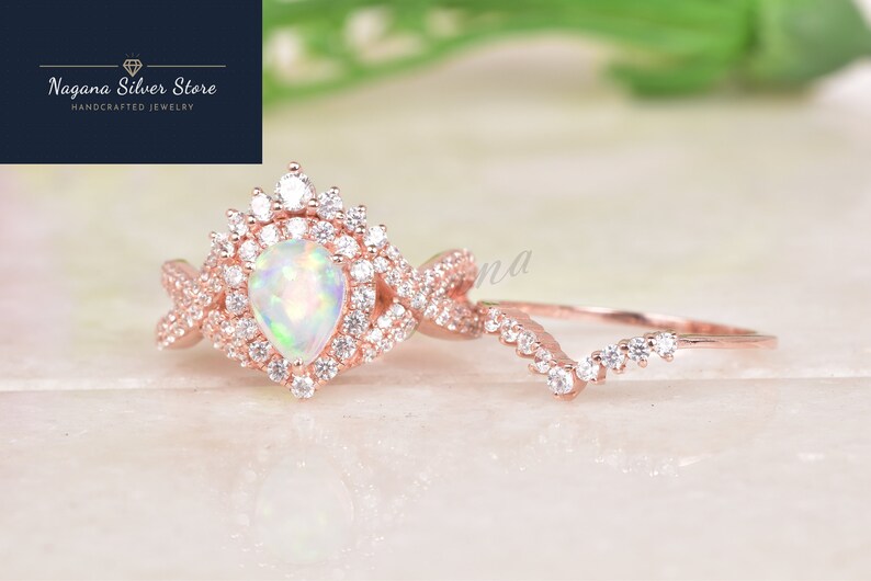 White Opal Engagement Ring Set Pear Gemstone Ring Set Opal - Etsy