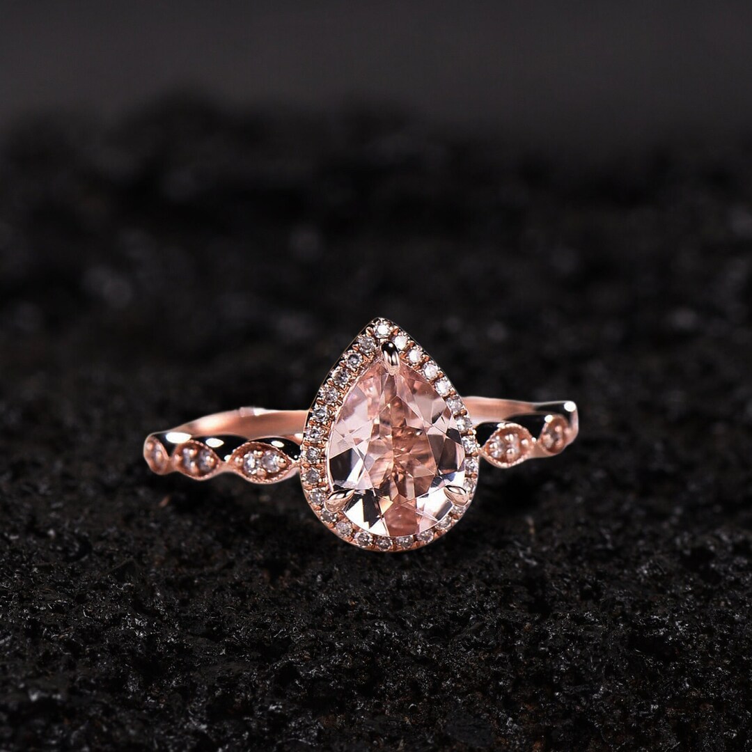 Pear-cut Morganite Engagement Ring, Rose Gold Vermeil Ring, Art Deco ...