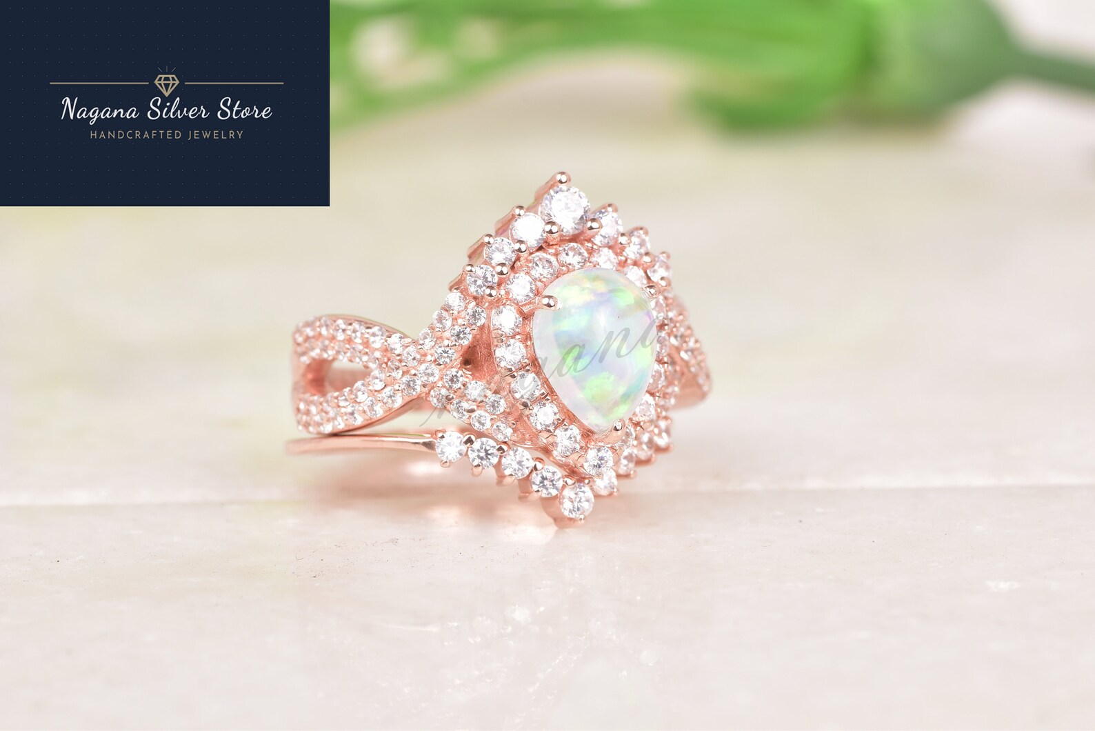 White Opal Engagement Ring Set Pear Gemstone Ring Set Opal - Etsy