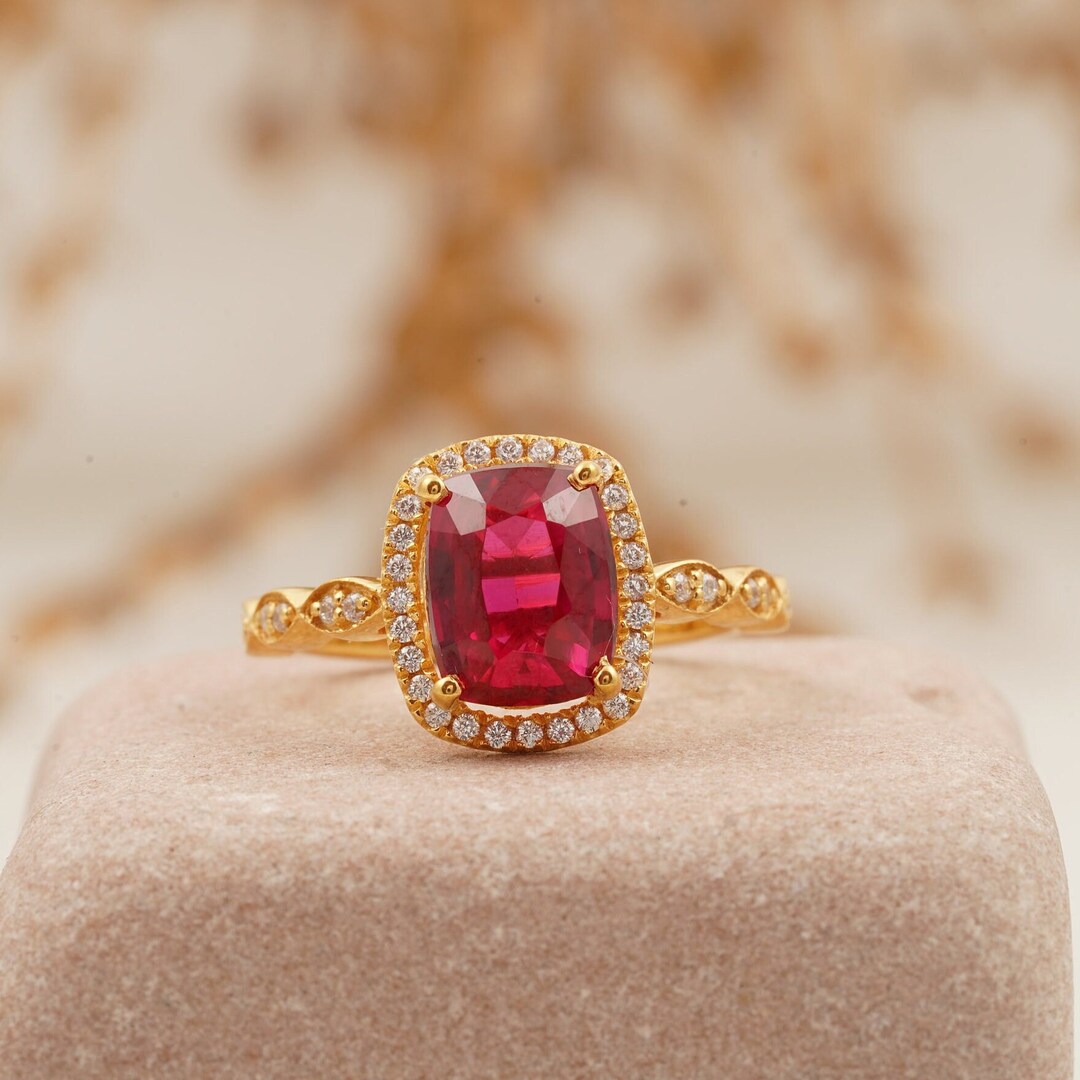 Natural Ruby Engagement Ring, Lab Ruby Ring, Cushion Ruby Ring, Rose ...