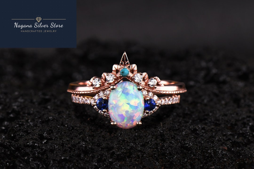 Fire Opal Ring Set Sapphire Wedding Ring Set, White Opal Engagement ...