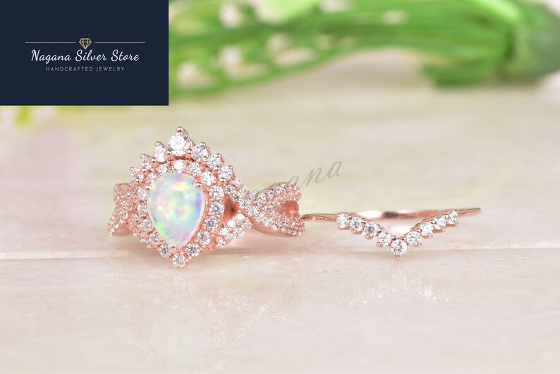 White Opal Engagement Ring Set Pear Gemstone Ring Set Opal - Etsy