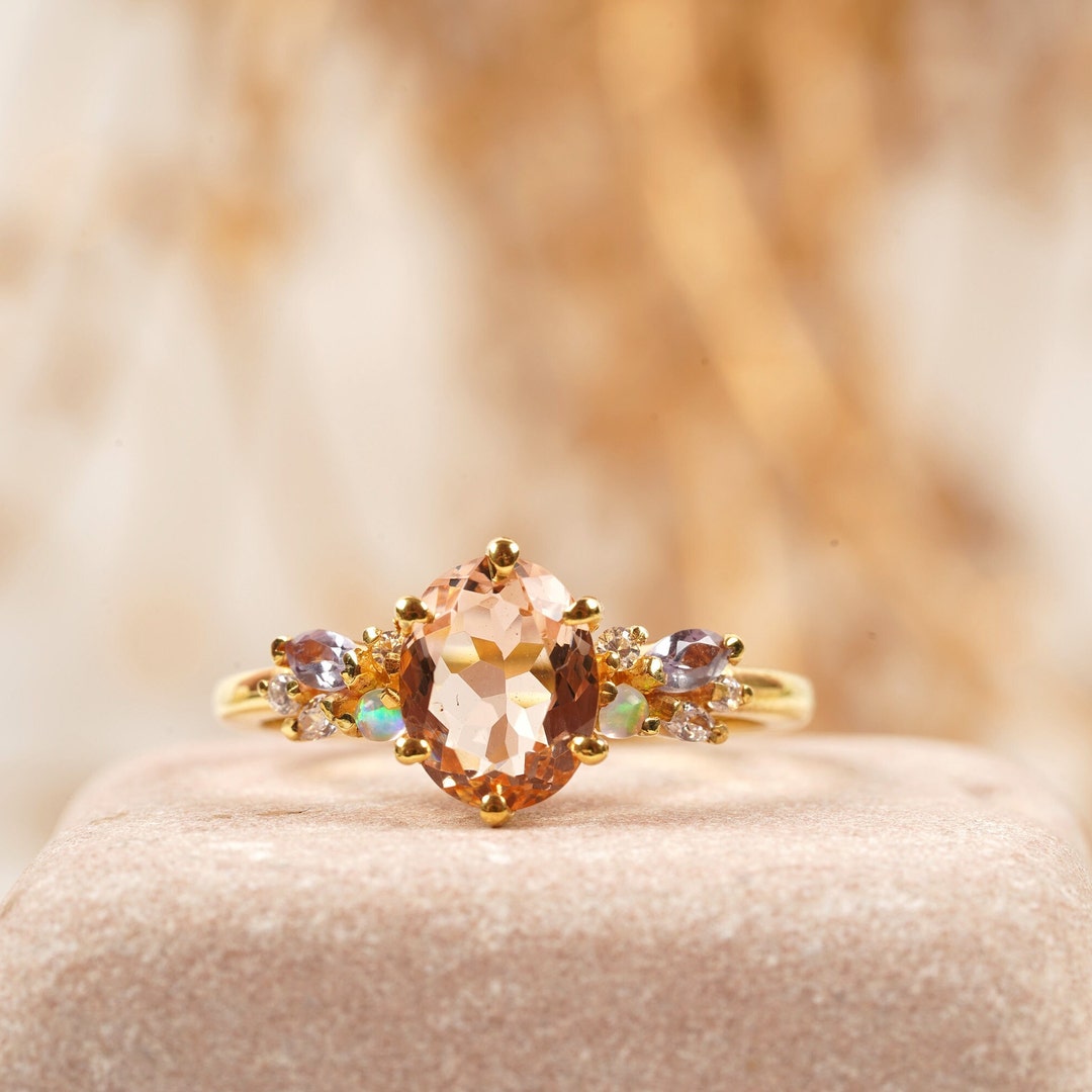 Peach Morganite Engagement Ring, Oval Morganite Ring, Rose Gold Art Deco Morganite Ring ...