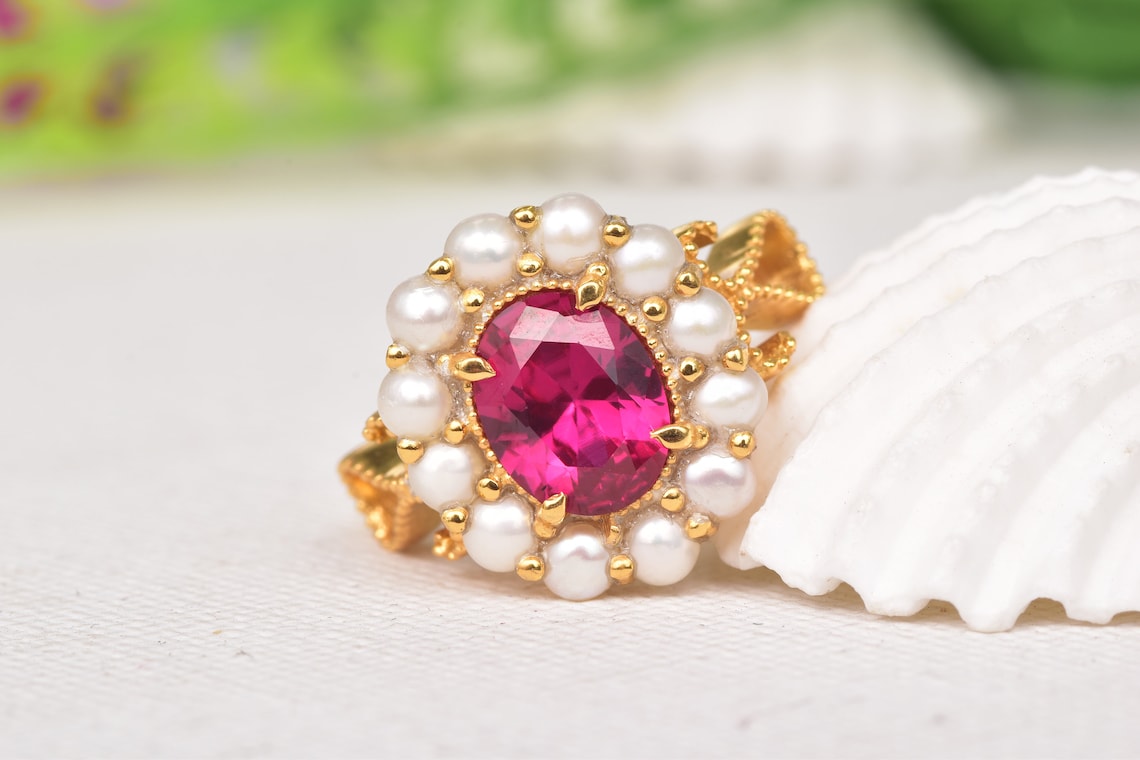 Vintage Ruby and Pearl Engagement Ring Oval Ruby Ring - Etsy