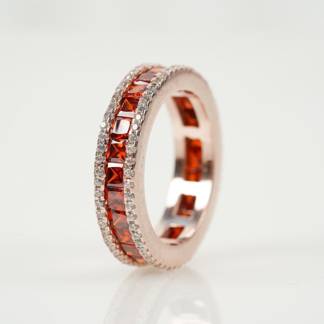 Natural Princess-cut Garnet Wedding Band, Garnet and Diamond Full ...