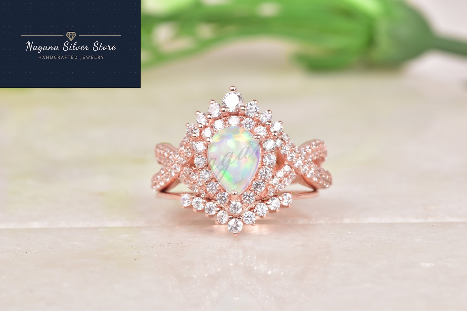White Opal Engagement Ring Set Pear Gemstone Ring Set Opal - Etsy