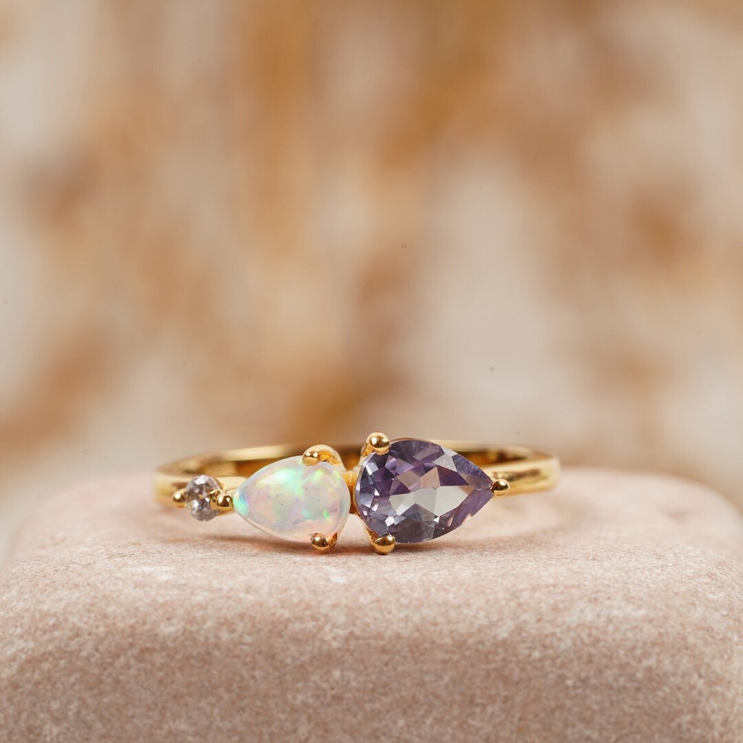 Vintage Alexandrite Opal Engagement Ring, Pear Cut Gems, Art Deco ...