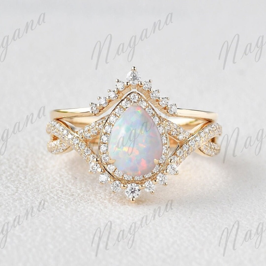 White Opal Engagement Ring Set, Pear Gemstone Ring Set, Opal Art Deco ...
