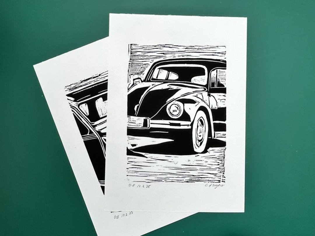 Hand-printed Linocut, Cars, Volkswagen Beetle, Handprinted & Signed - Etsy