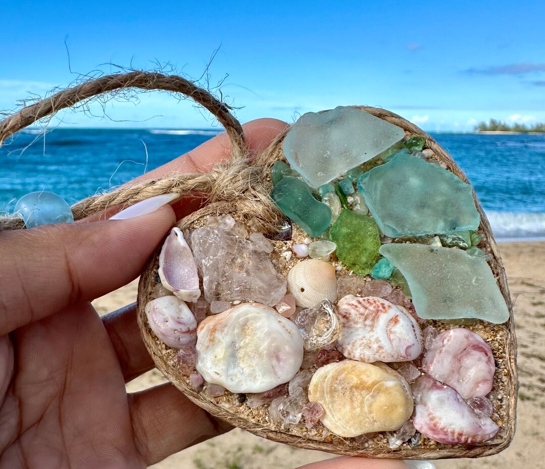 Pink Shells With Aqua Sea Glass & Rose Quartz Heart Ornament - Etsy