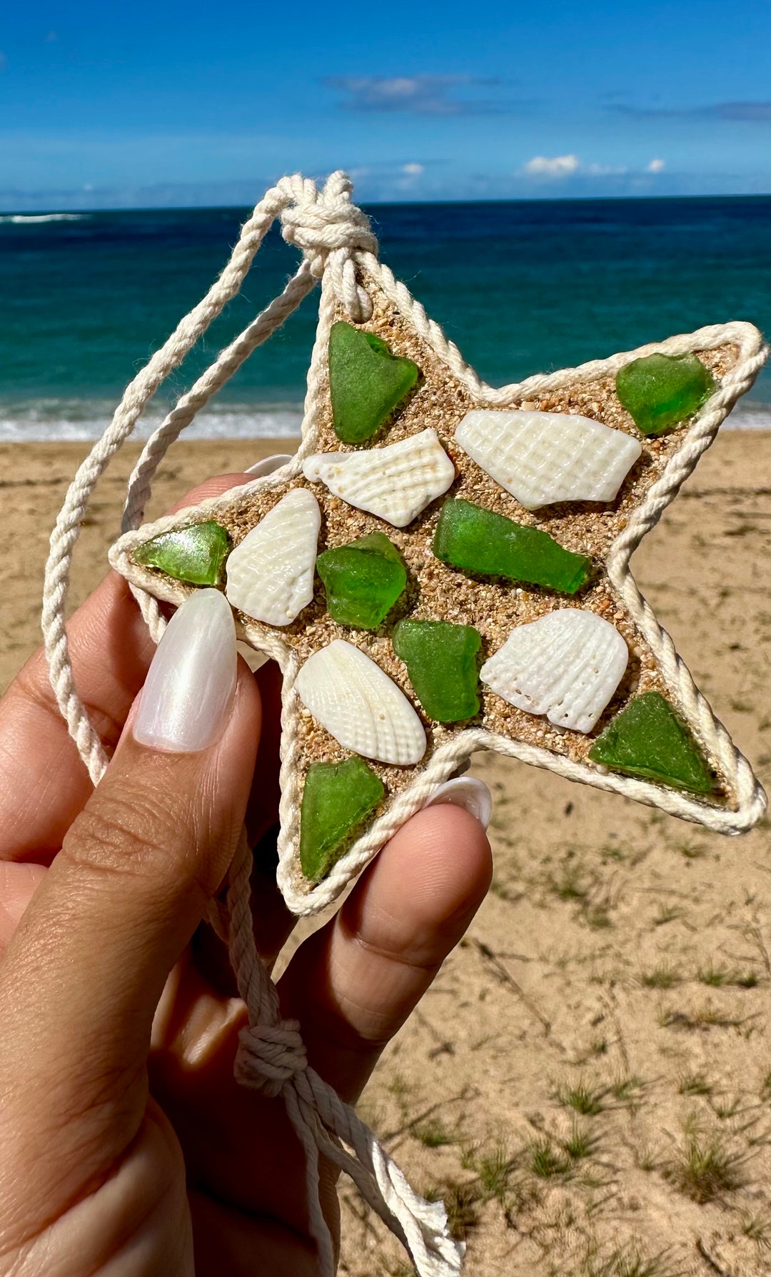 Green Sea Glass & White Shells Star Ornament - Etsy