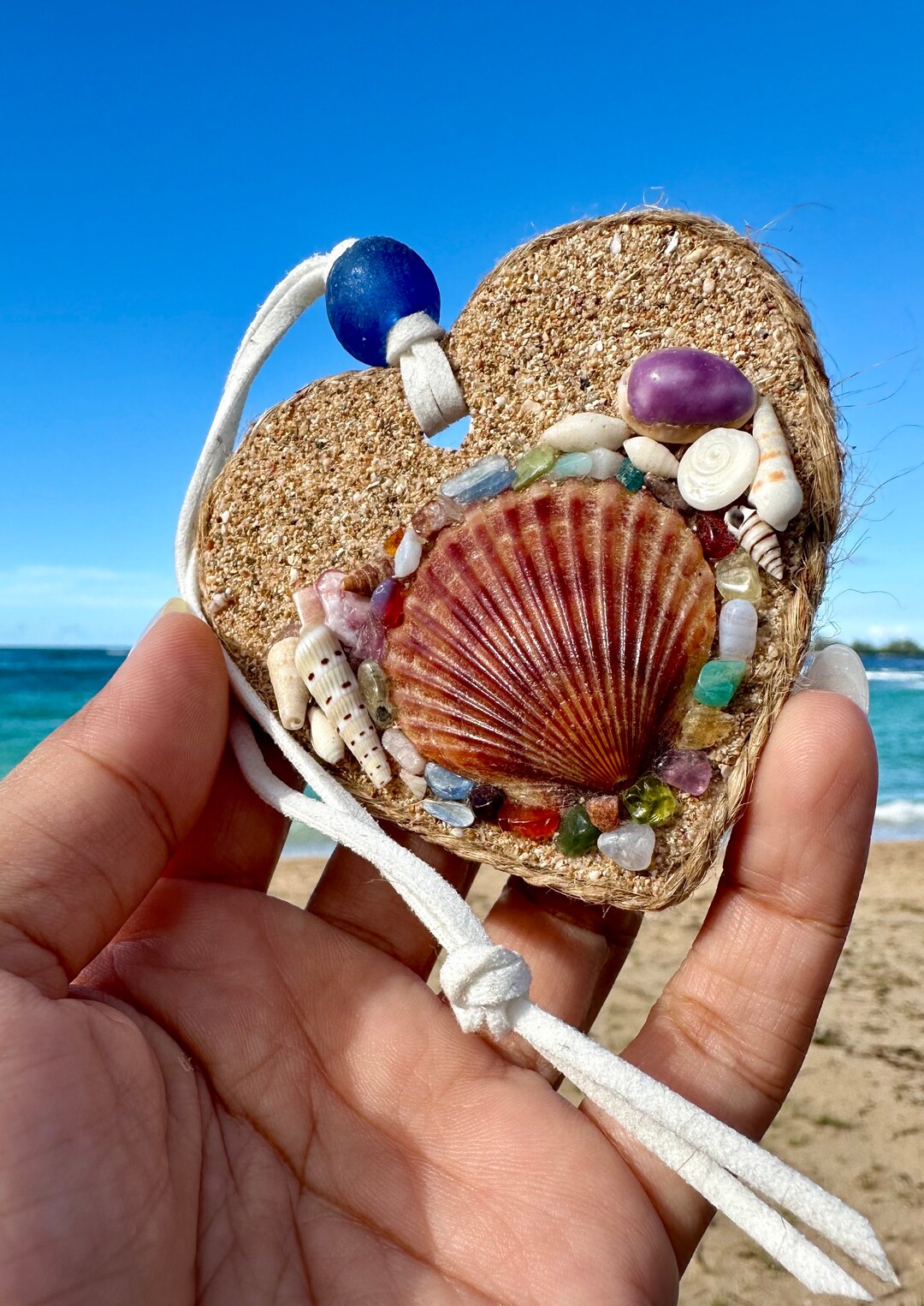 Dark Red Ombré Fan Shell on Sandy Heart With Colorful Gemstones and ...