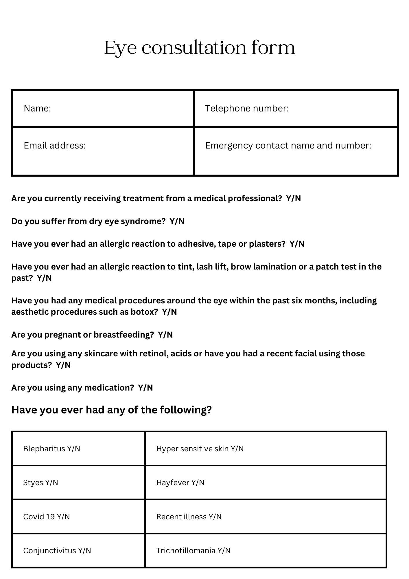 Eye Consultation Form. Client Record Card. Beauty Consultation. Salon ...