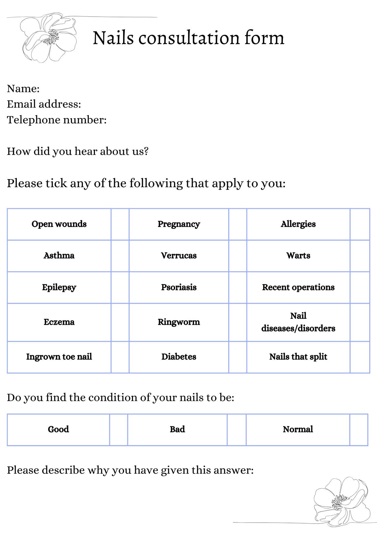 Nail Consultation Form, Beauty Resources, Salon Resource. Client Record ...
