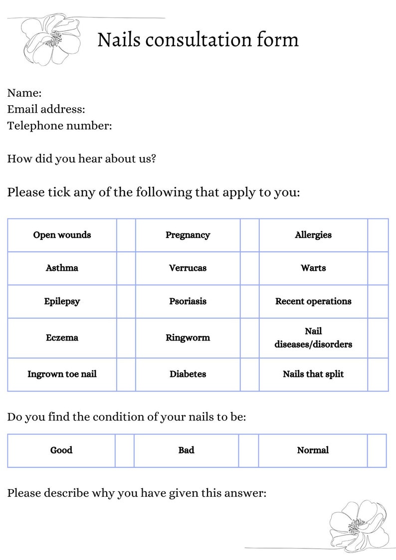 Nail Consultation Form, Beauty Resources, Salon Resource. Client Record ...