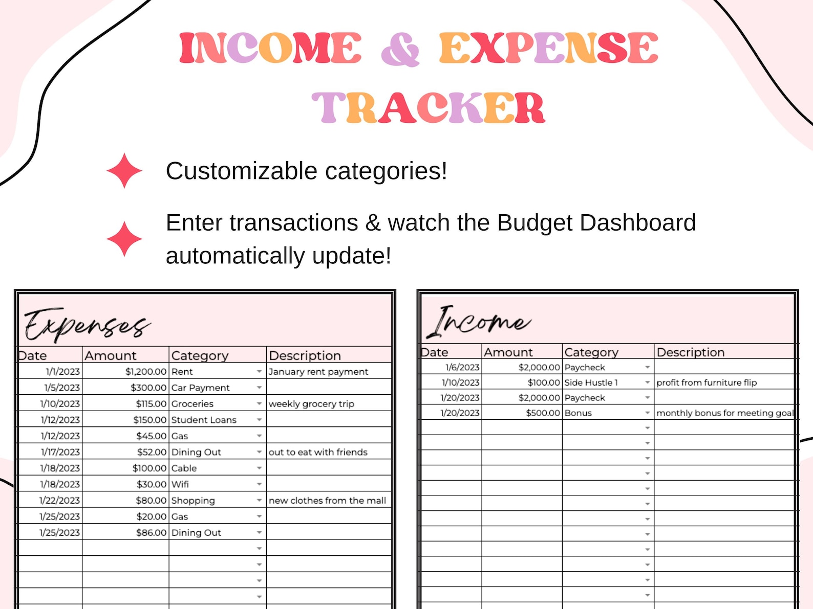 Monthly Budget Tracker Spreadsheet for Google Sheets, Track Income ...