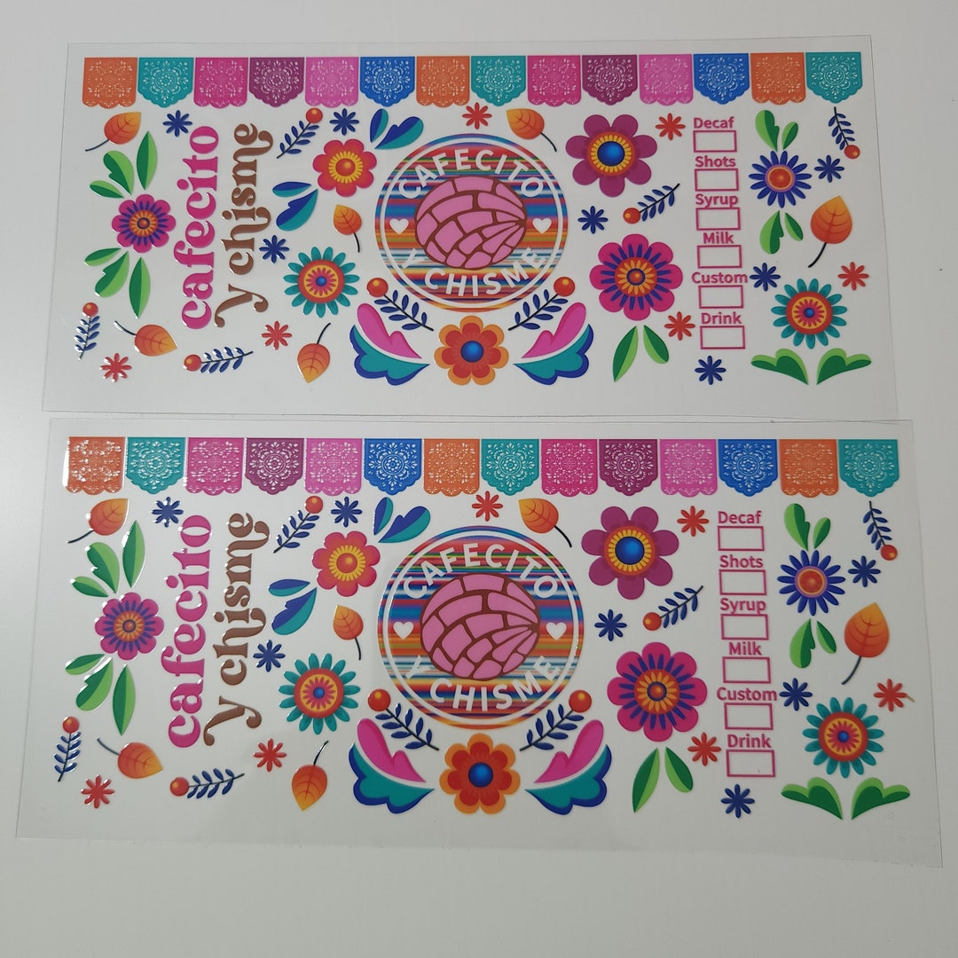 Uv DTF Cafecito Y Chisme Floral Flowers Pattern Design 16 Oz Cup Wrap ...