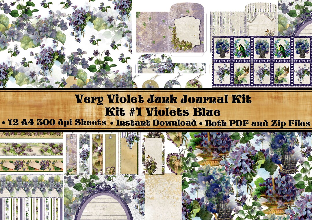 Vintage Violets Blue Junk Journal Kit, Printable Journal Ephemera ...
