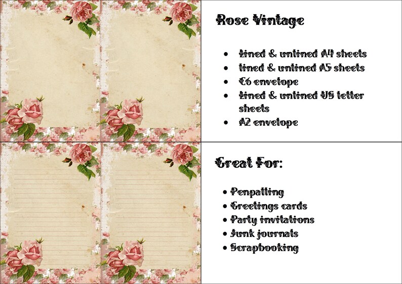 Vintage Printable Rose Letter Writing Paper & Envelopes, Unlined and ...