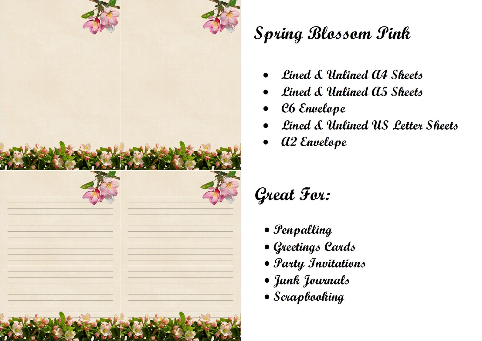 Printable Spring Blossom Pink Letter Writing Paper & Envelopes, Unlined ...