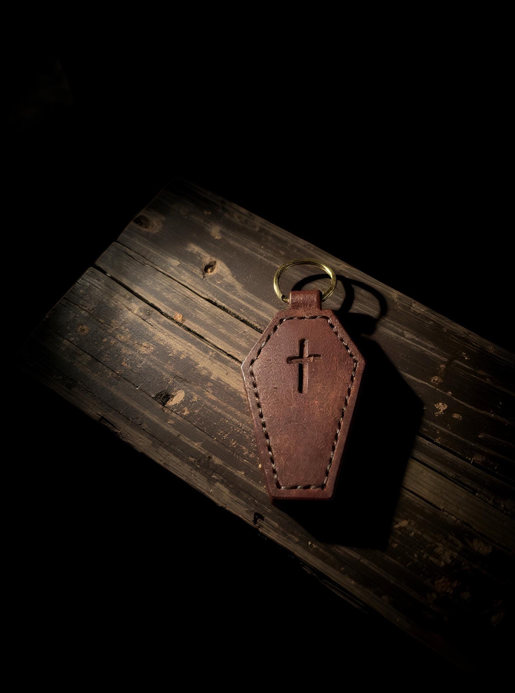 Gothic Coffin Leather Keychain: Handmade Cross Design, Antique Bronze ...