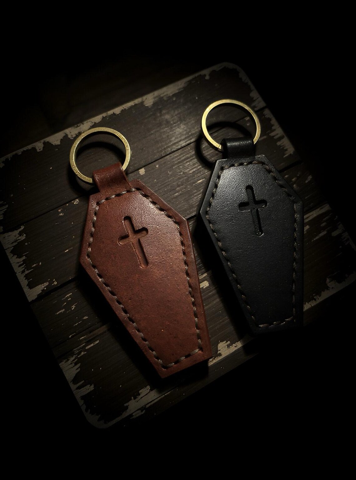 Gothic Coffin Leather Keychain: Handmade Cross Design, Antique Bronze ...