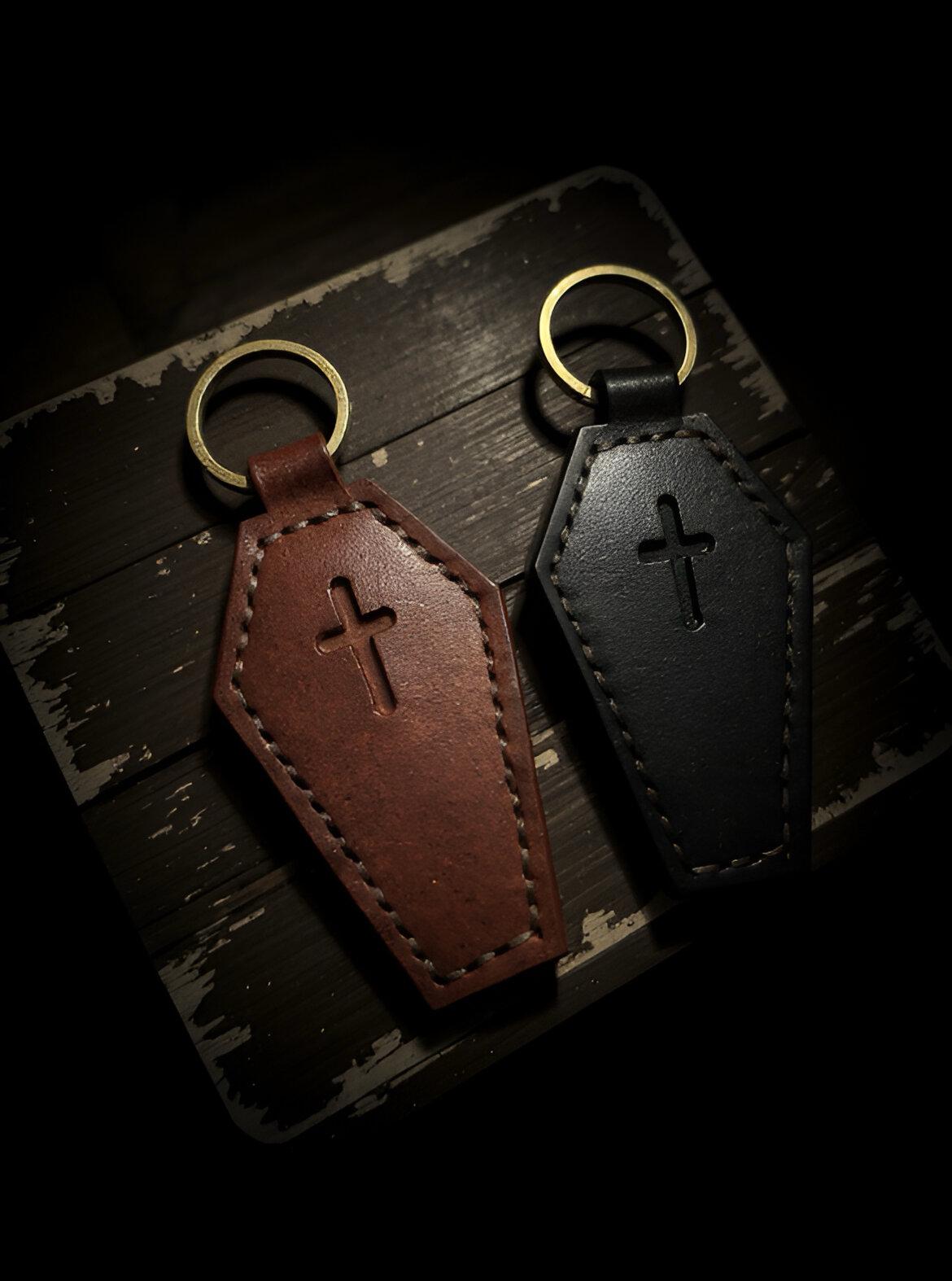 Gothic Coffin Leather Keychain: Handmade Cross Design, Antique Bronze ...