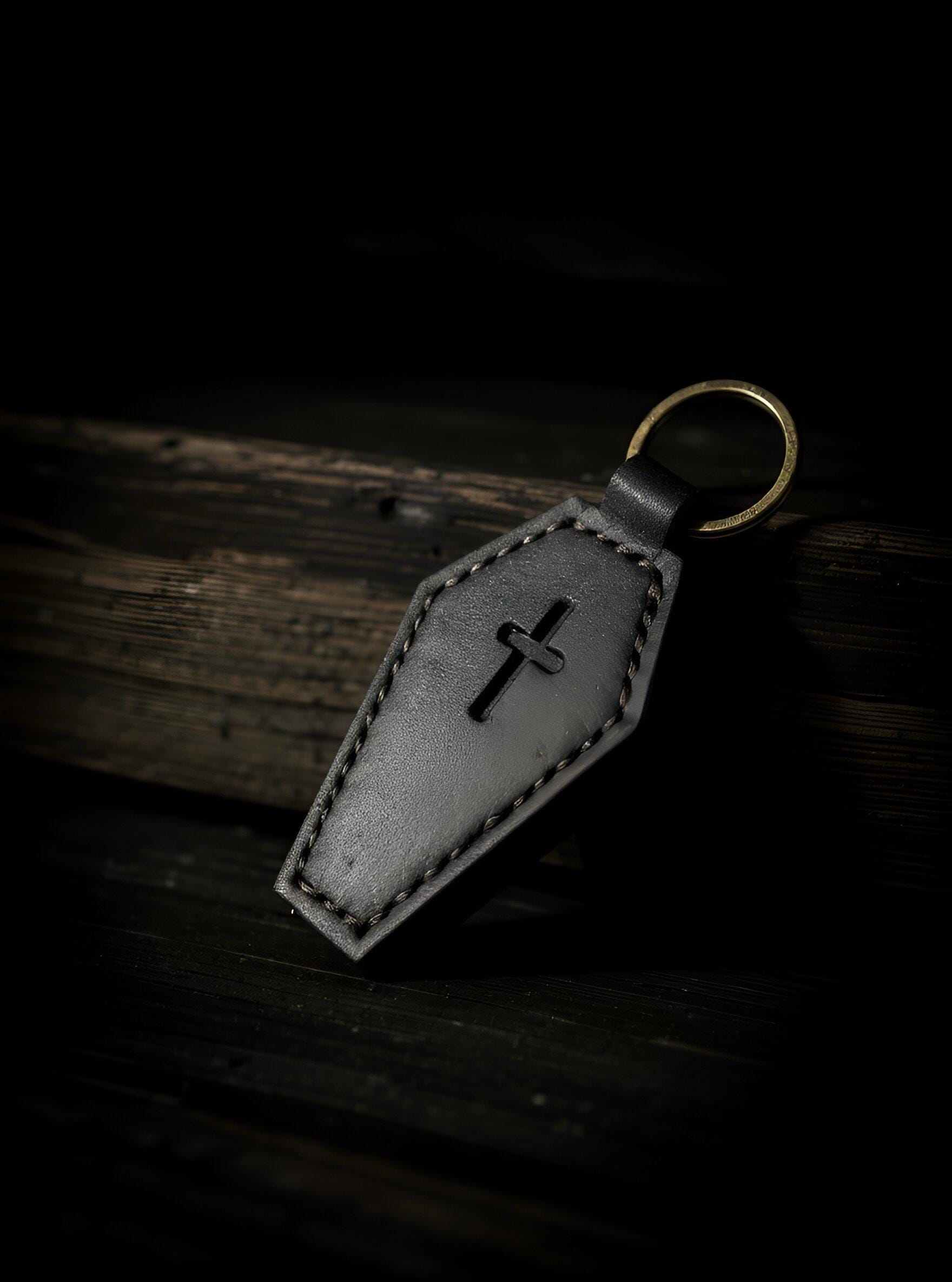 Gothic Coffin Leather Keychain: Handmade Cross Design, Antique Bronze ...