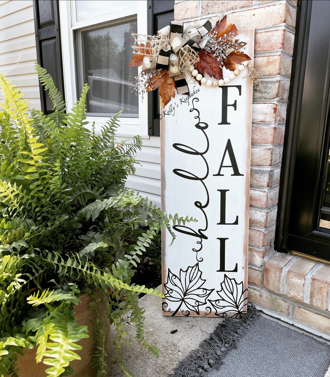 Hello Fall Porch Leaner W Wood Bead Garland Thanksgiving Decor Fall ...