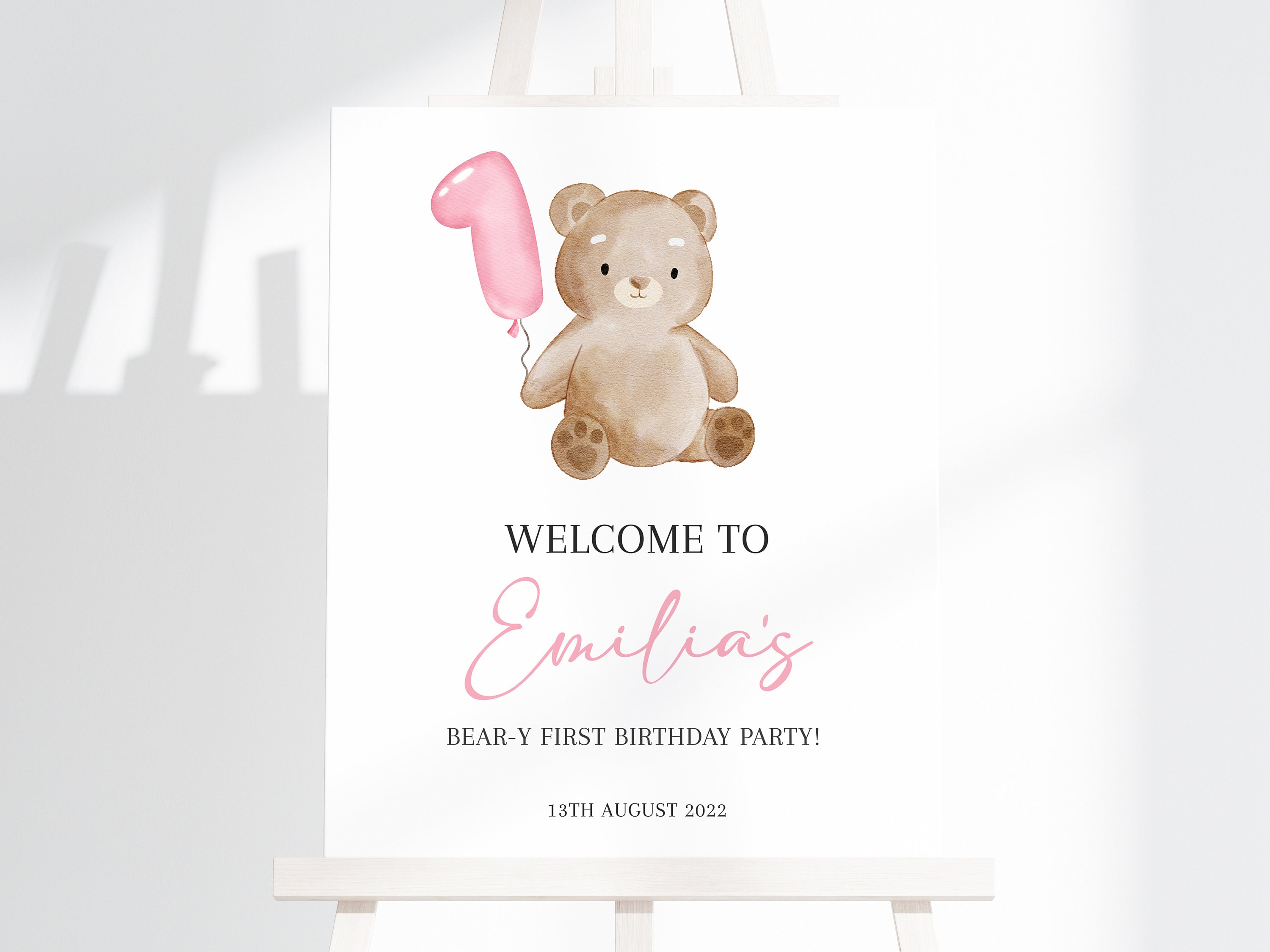 Editable Bear 1st Birthday Party Welcome Sign, Pink Bear 1 Welcome ...