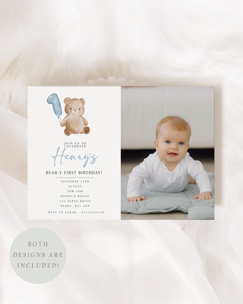 Editable Bear 1st Birthday Party Invite, Blue Bear Invite, Boys First ...