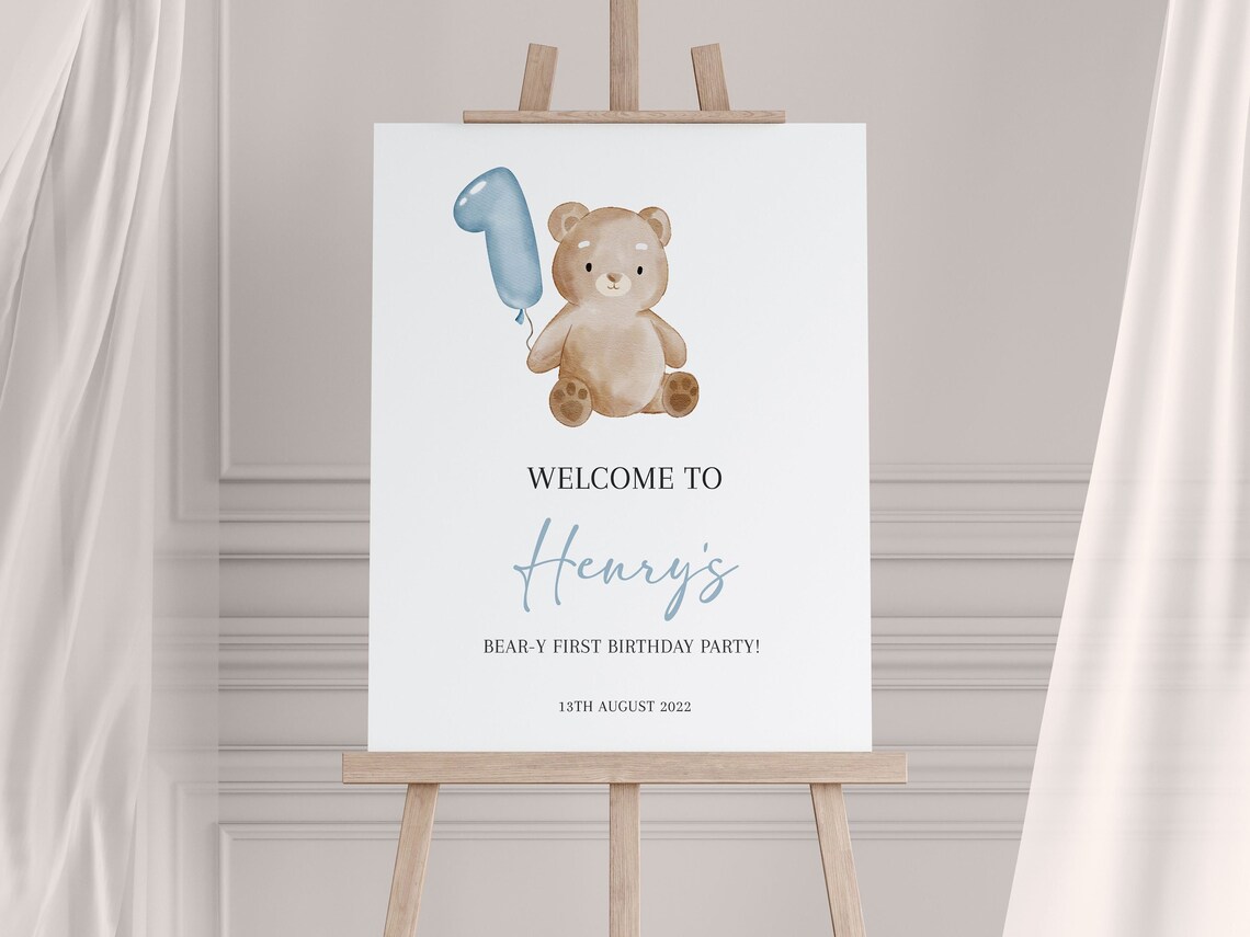Editable Bear 1st Birthday Party Welcome Sign, Blue Bear 1 Welcome ...