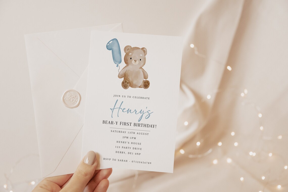 Editable Bear 1st Birthday Party Invite, Blue Bear Invite, Boys First ...