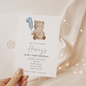 Editable Bear 1st Birthday Party Invite, Blue Bear Invite, Boys First ...