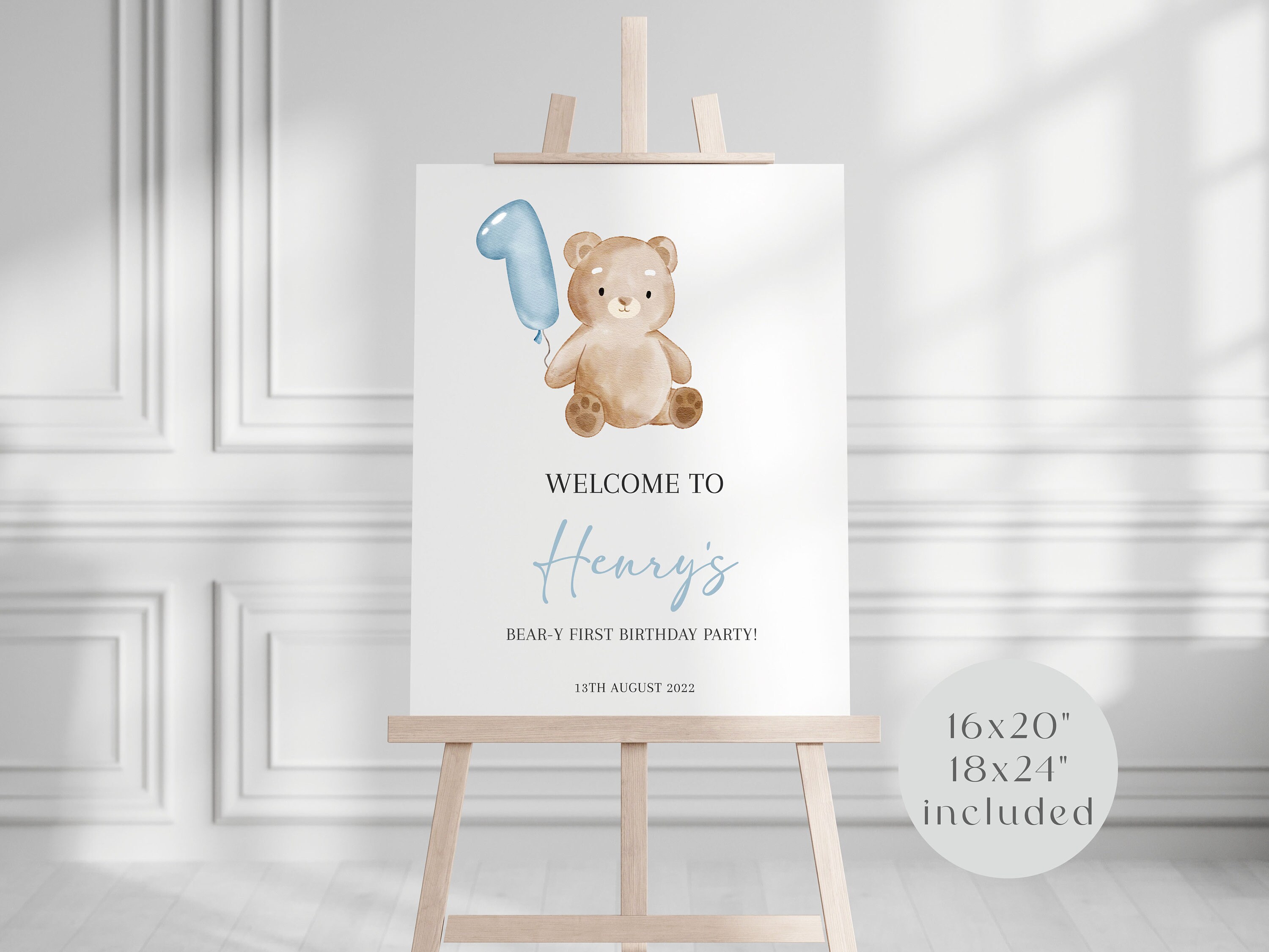 Editable Bear 1st Birthday Party Welcome Sign, Blue Bear 1 Welcome ...